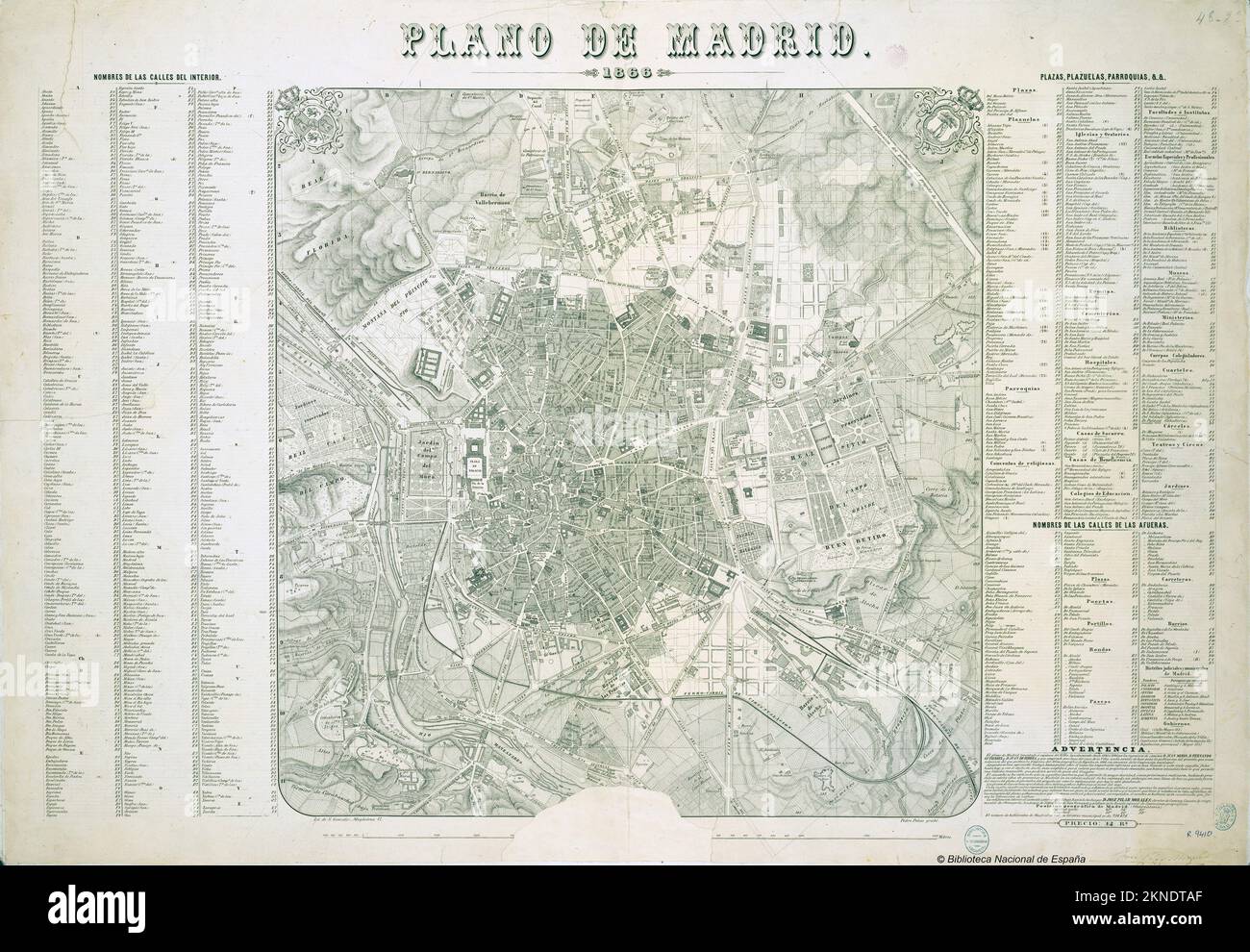 Vintage city plan of Madrid and area around it from 17-19th century ...