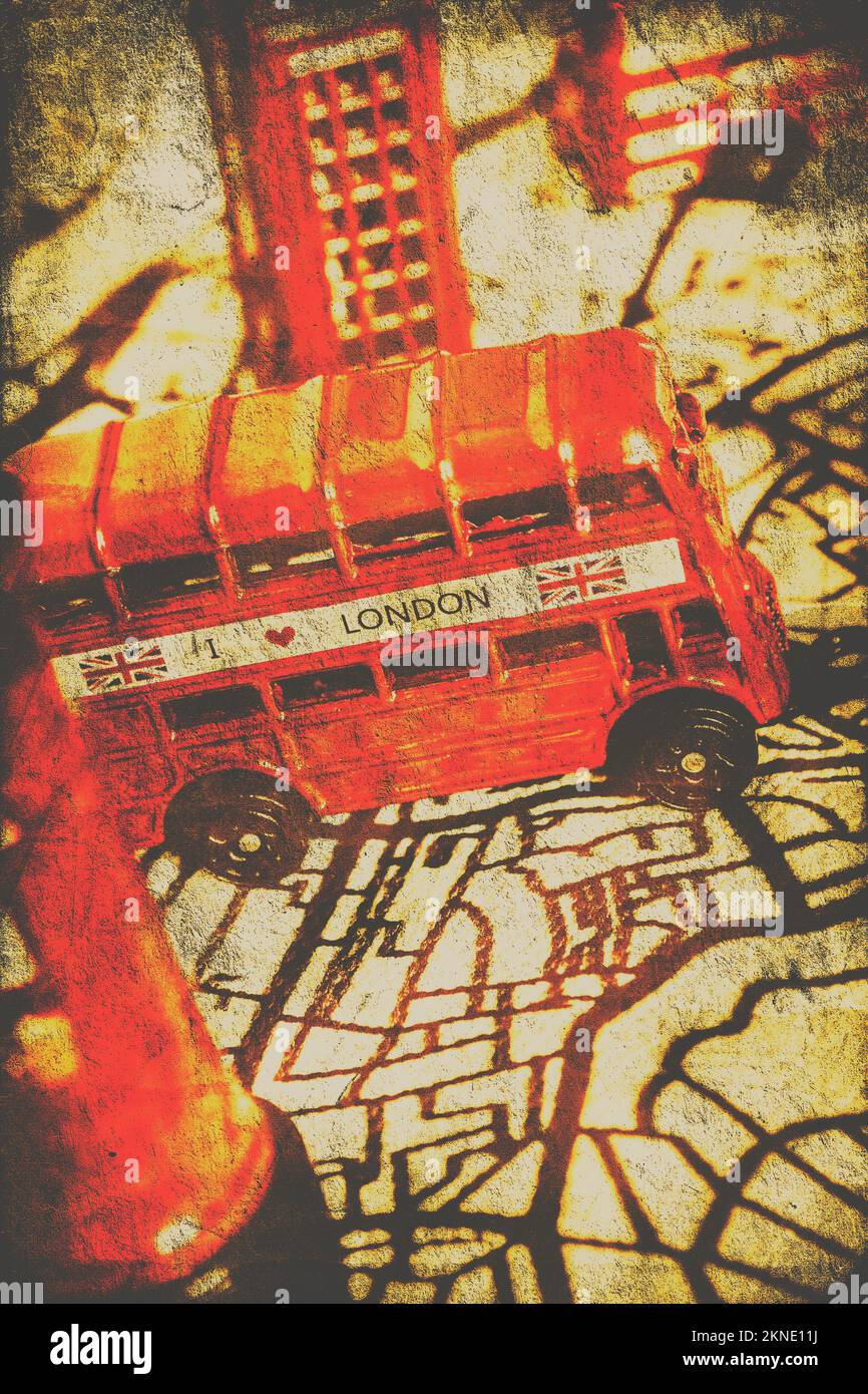Old stained art on a bus traversing touristic maps of historic London ...