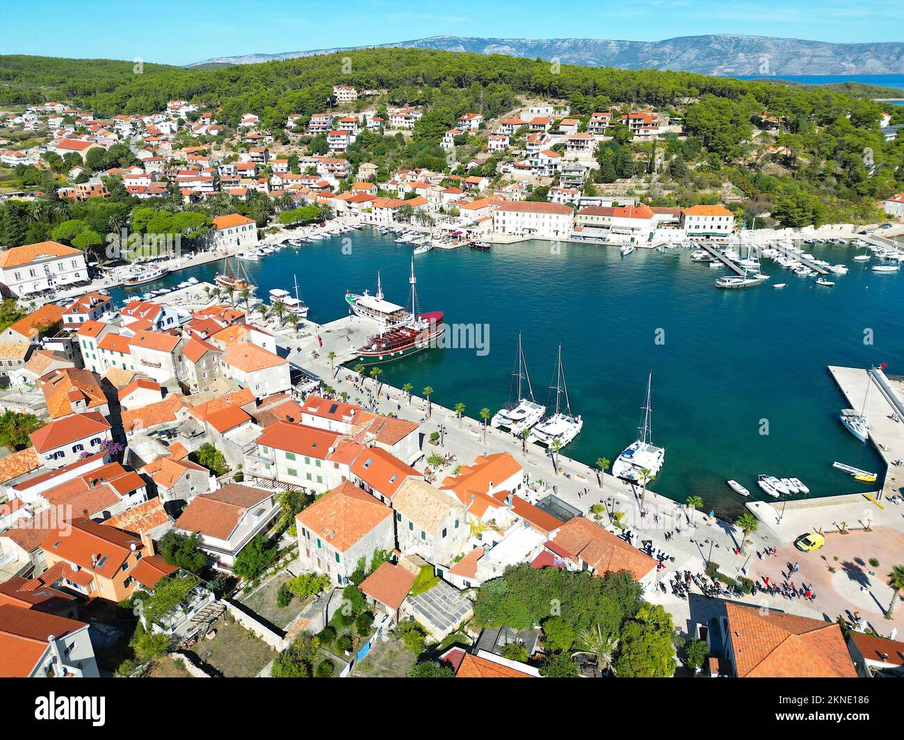 Jelsa Croatia town and harbour waterfront Hvar drone aerial view Stock ...