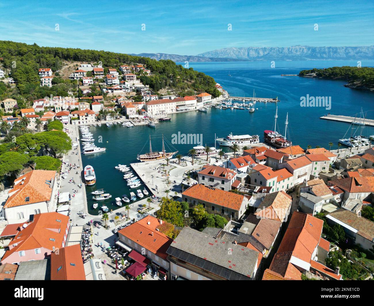 Boats moored in harbour Jelsa Croatia town on Hvar drone aerial view ...