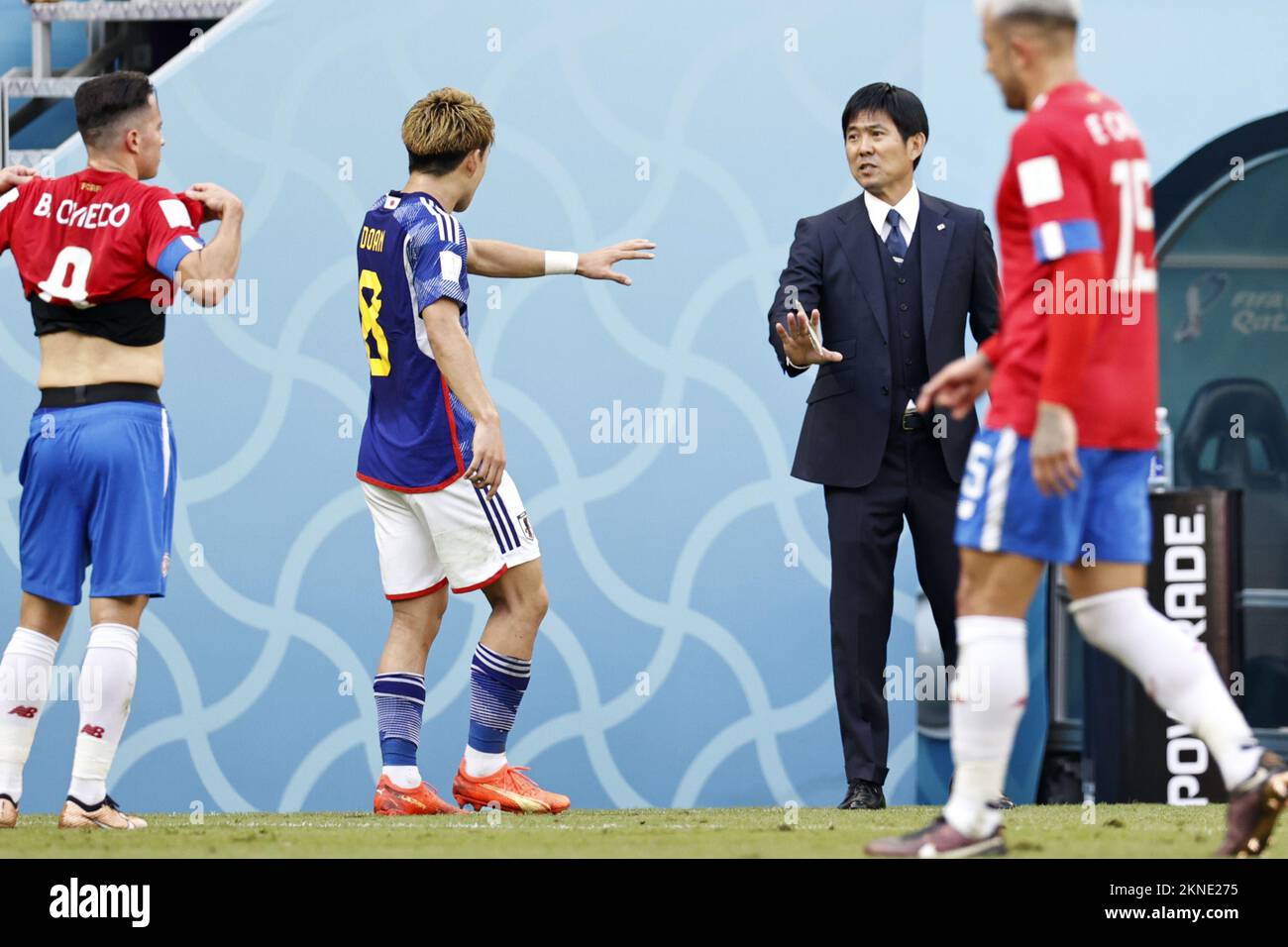 AL-RAYYAN - (l-r) Ritsu Doan of Japan, Japan coach Hajime Moriyasu during the FIFA World Cup ...