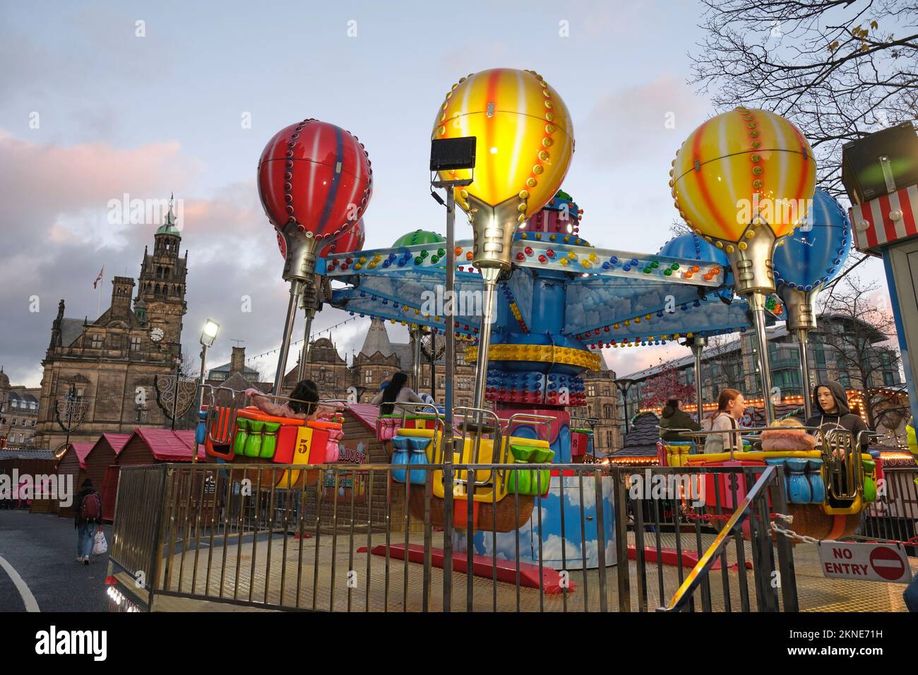 A fairground ride in the Christmas street market in Sheffield with the ...