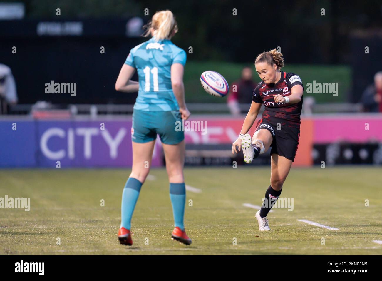 Flo Williams #10 of Saracens Women cleared the ball during the Women's ...