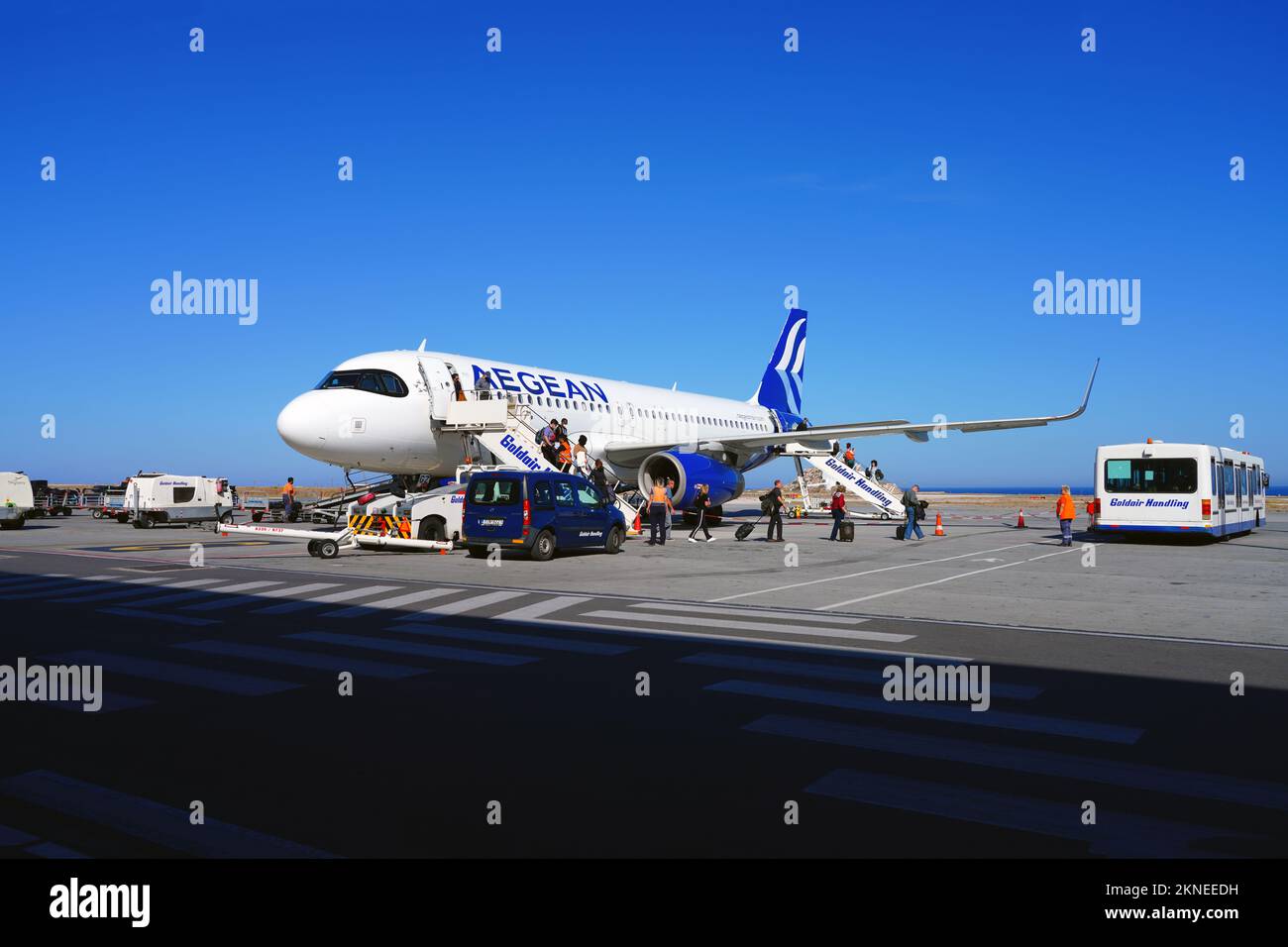 SANTORINI, GREECE –24 OCT 2022- View of an airplane from Greek airline ...