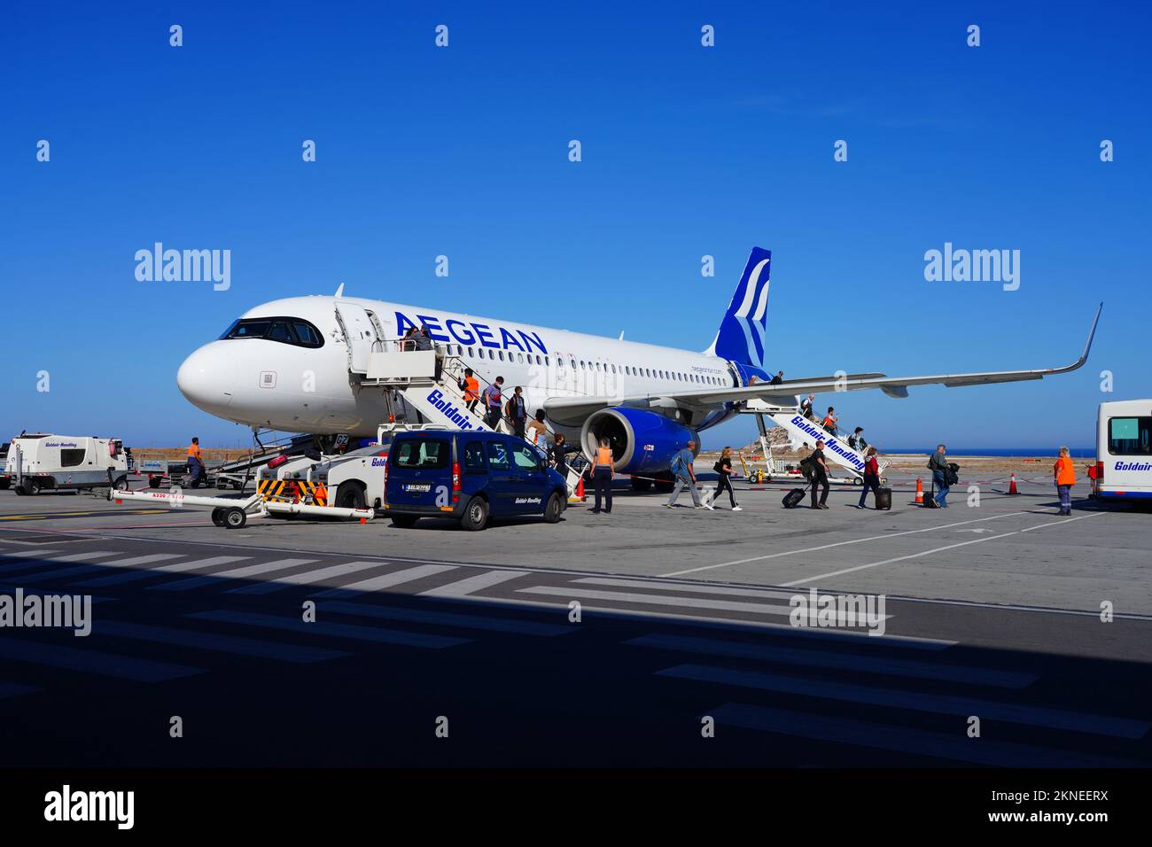 SANTORINI, GREECE –24 OCT 2022- View of an airplane from Greek airline ...