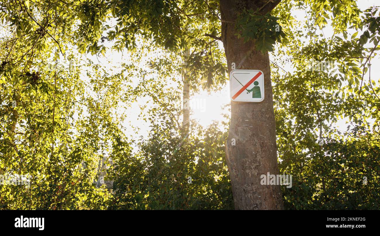 A fishing forbidden sign attached to a tree Stock Photo - Alamy