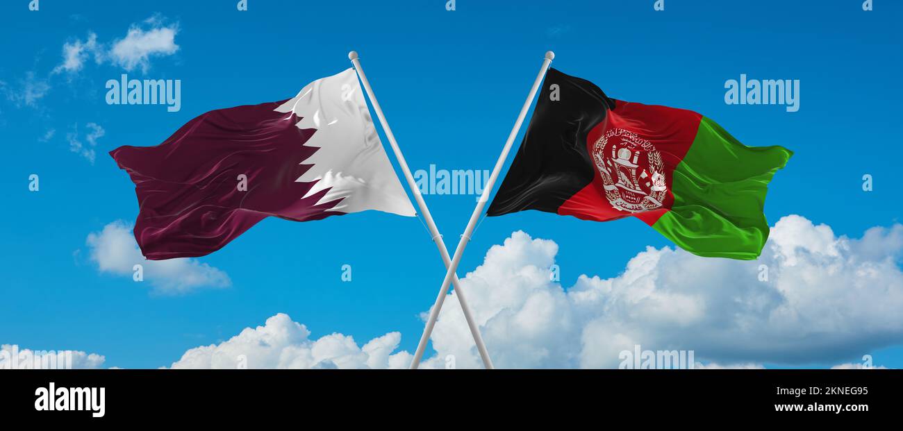 two crossed flags Afghanistan and Qatar waving in wind at cloudy sky. Concept of relationship ...