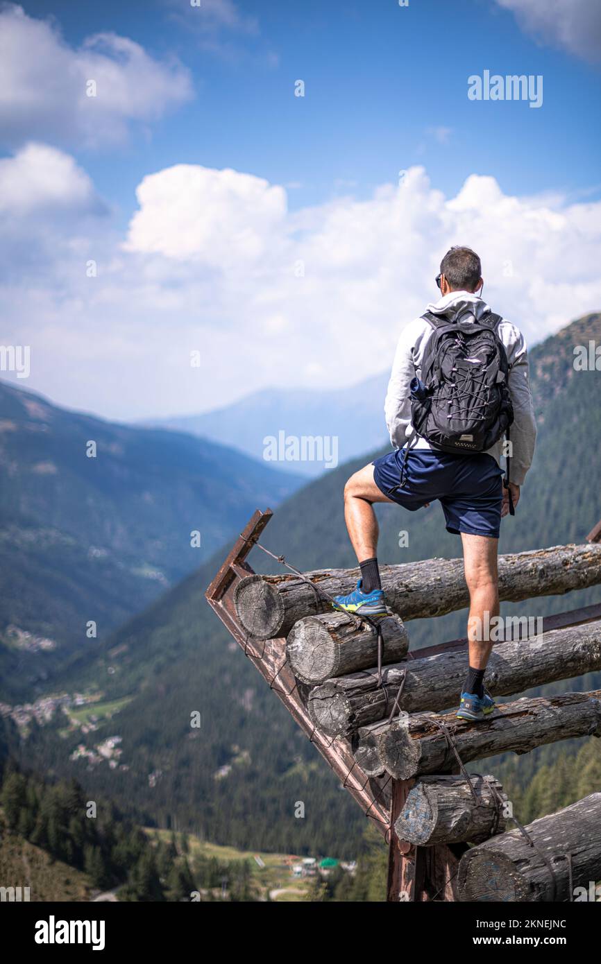 A vertical shot of a man standing on a wooden observing deck ...