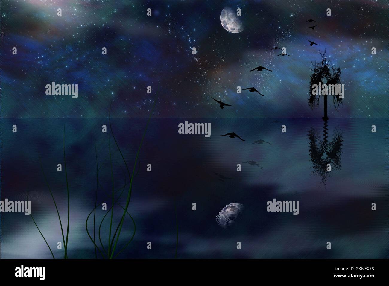 Surrealism and symbolism. Birds flies to the moon as a free souls. 3D ...