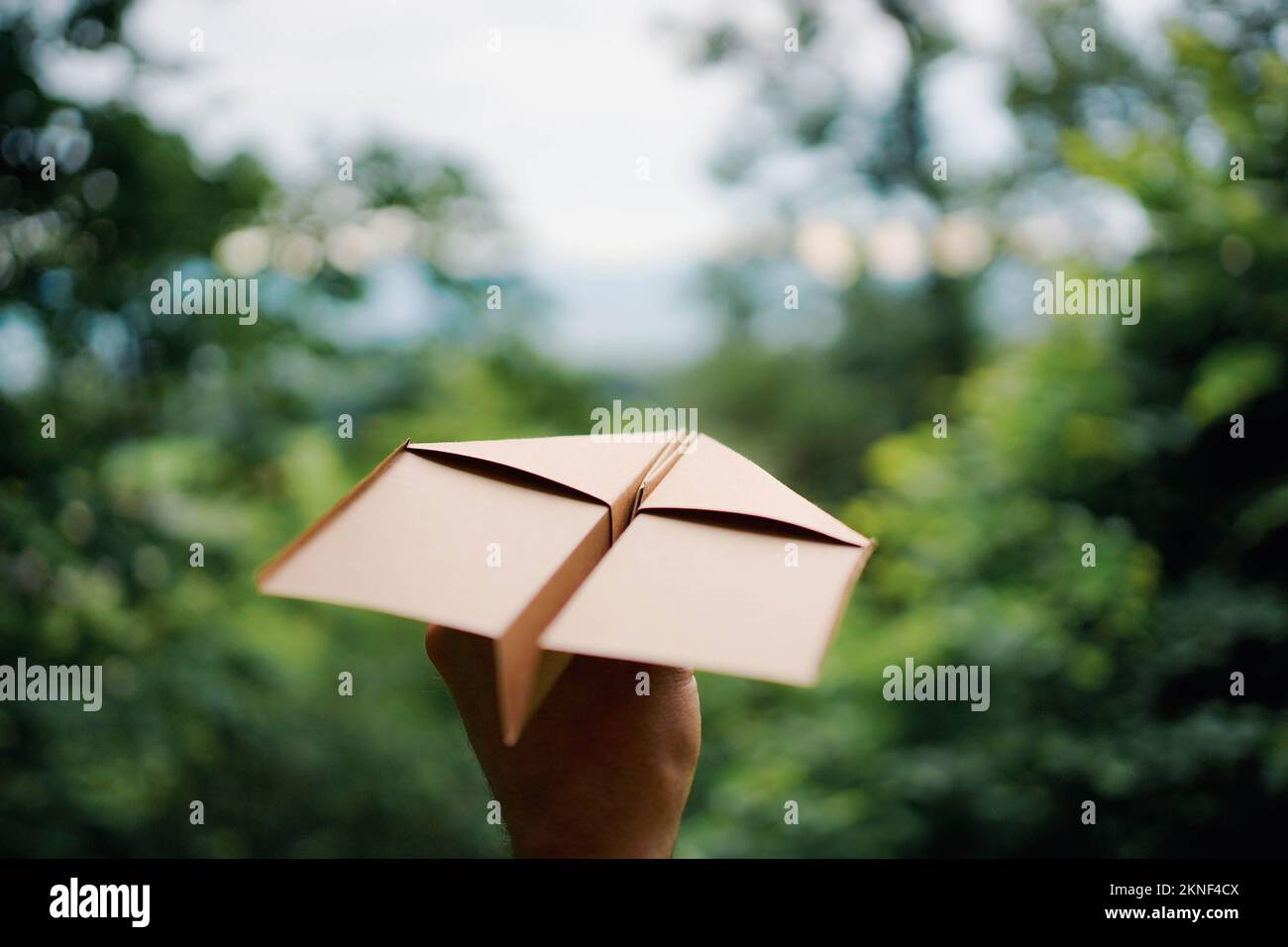 Man holding a brown paper plane in the fresh air in the forest, closeup ...