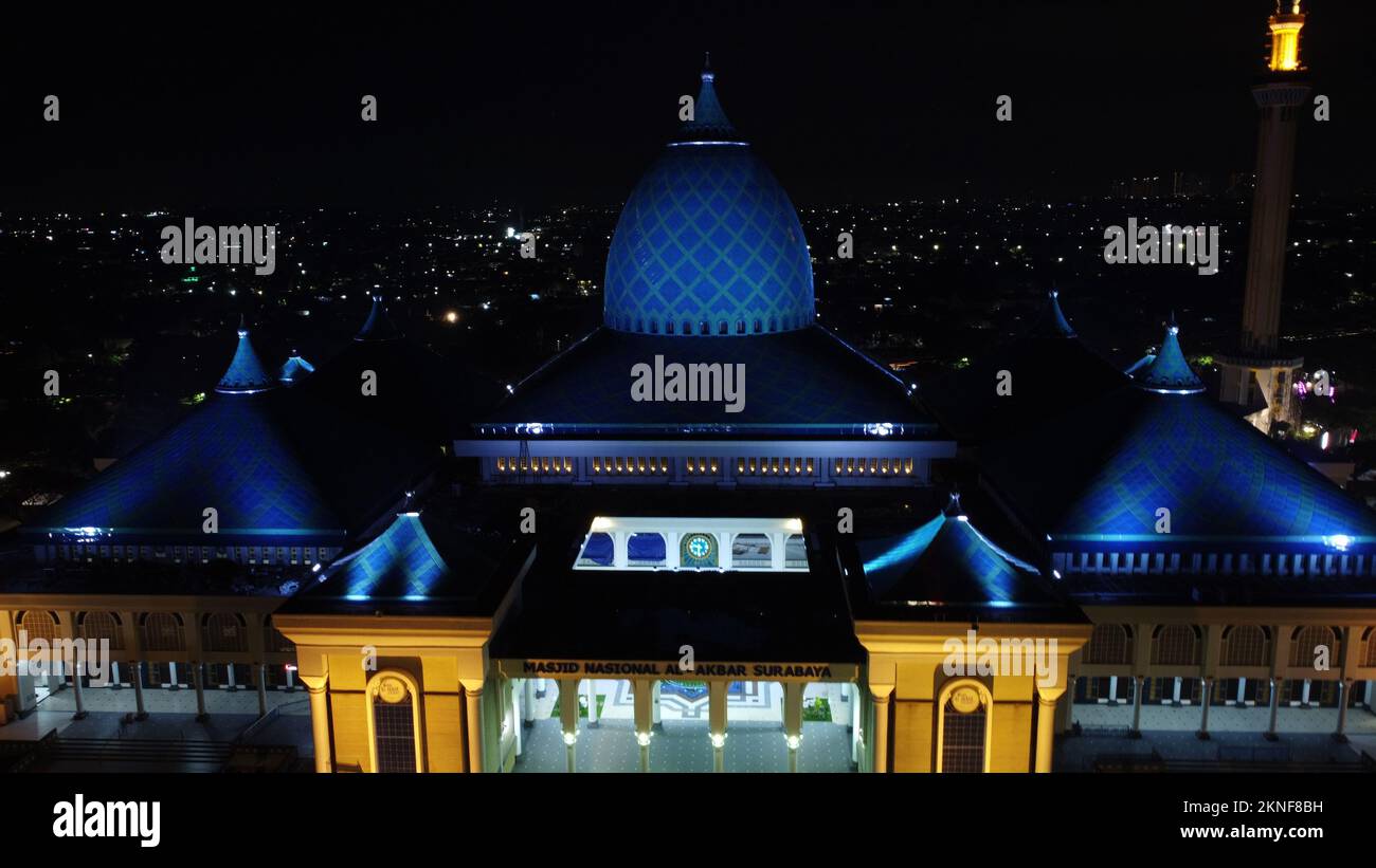 The aerial view of the illuminated Grand Mosque at night Stock Photo ...