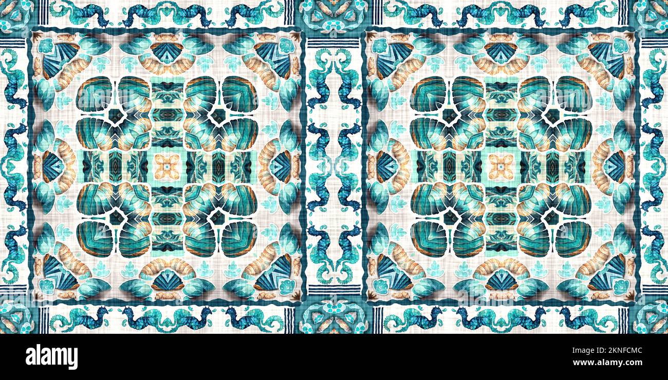 Teal beach house border in coastal style patchwork pattern. Modern ...