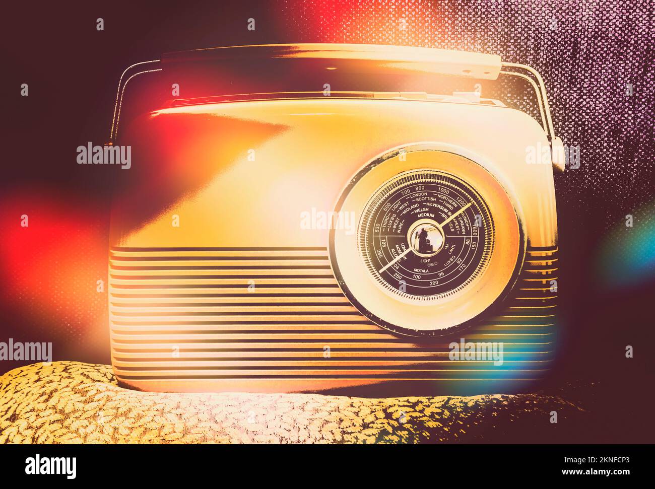 Retro radio art on a colorful communication of pop music frequencies ...