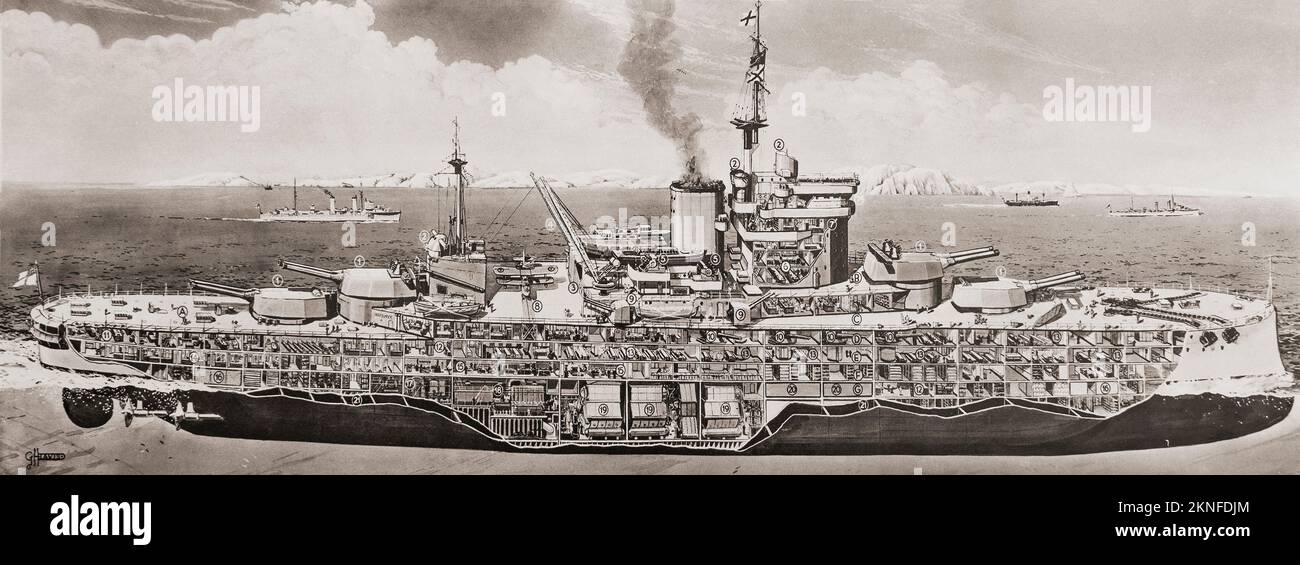 A cut away drawing of the HMS Warspite of Narvik fame, showing the main ...