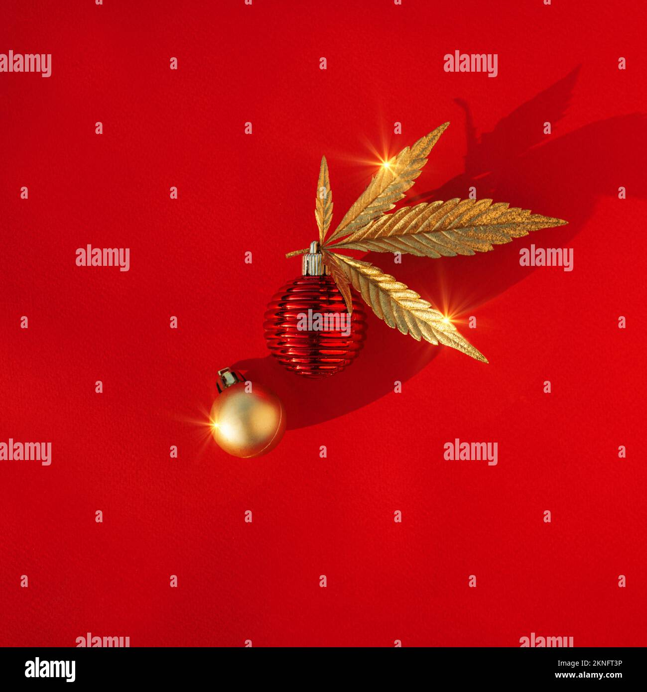 Abstract red christmas background with golden cannabis, marijuana leaf ...