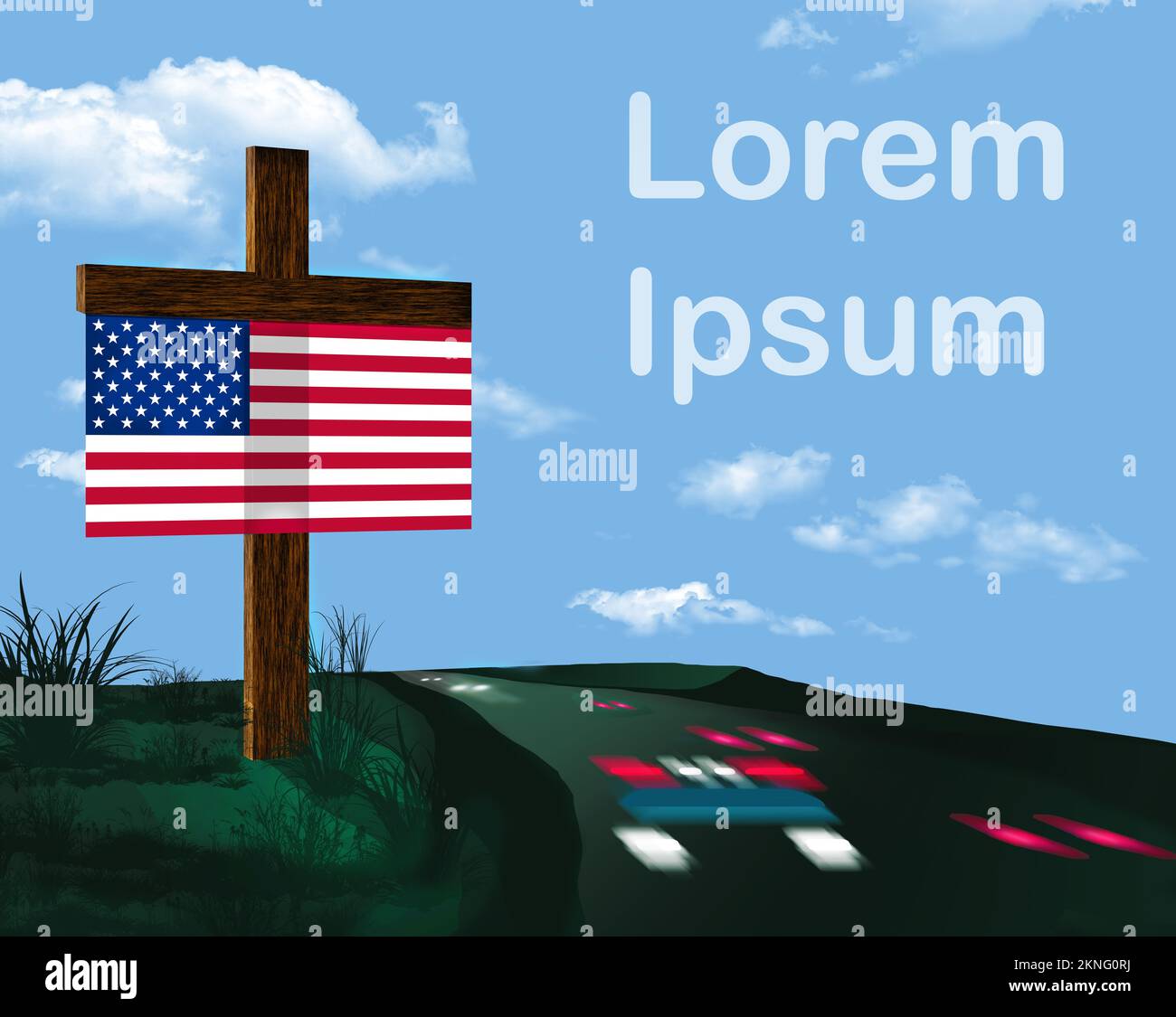 A wooden cross and a USA flag mark the spot of a fatal traffic accident ...