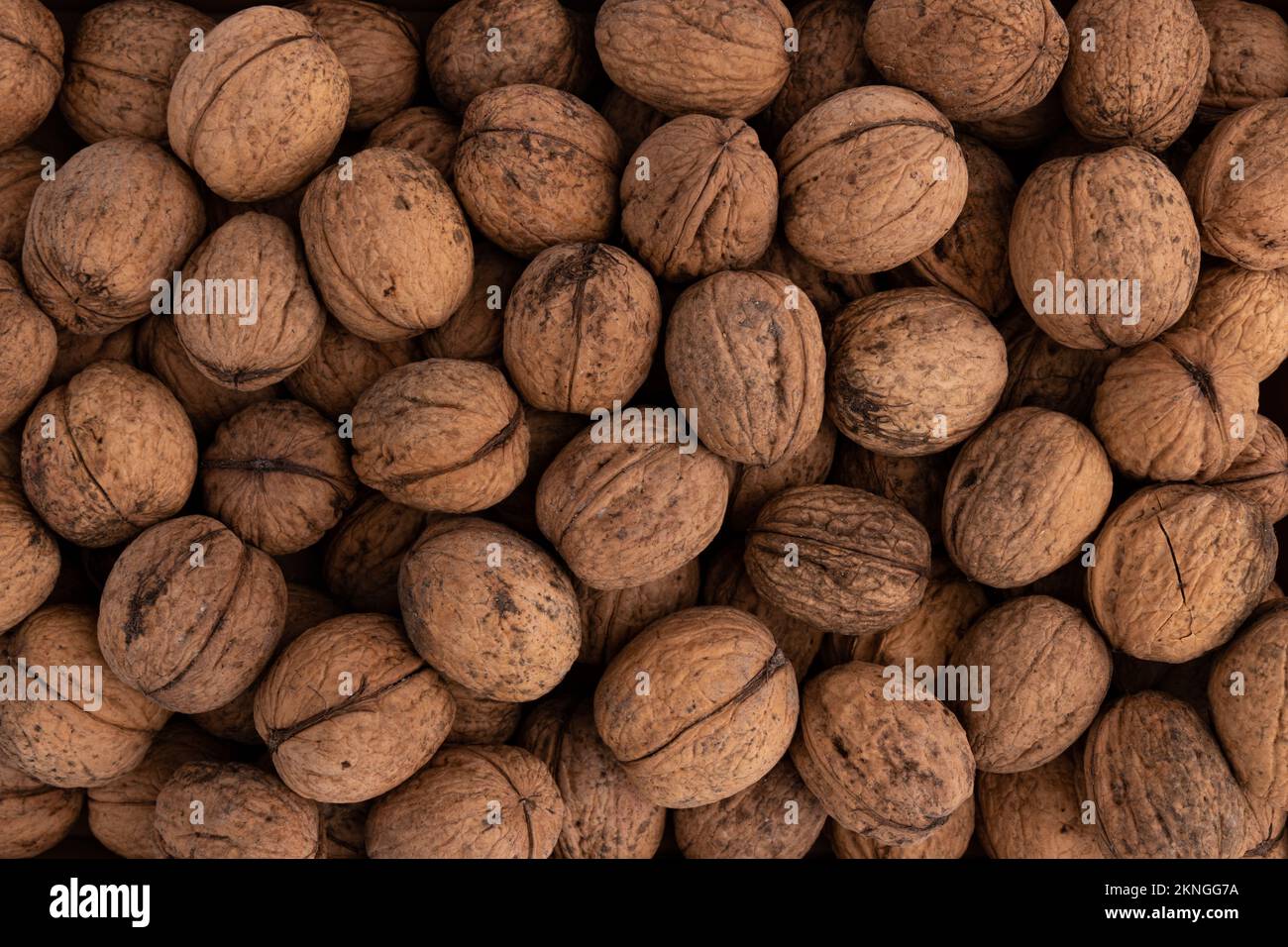 background of walnuts in shells close up top view, texture of nuts ...