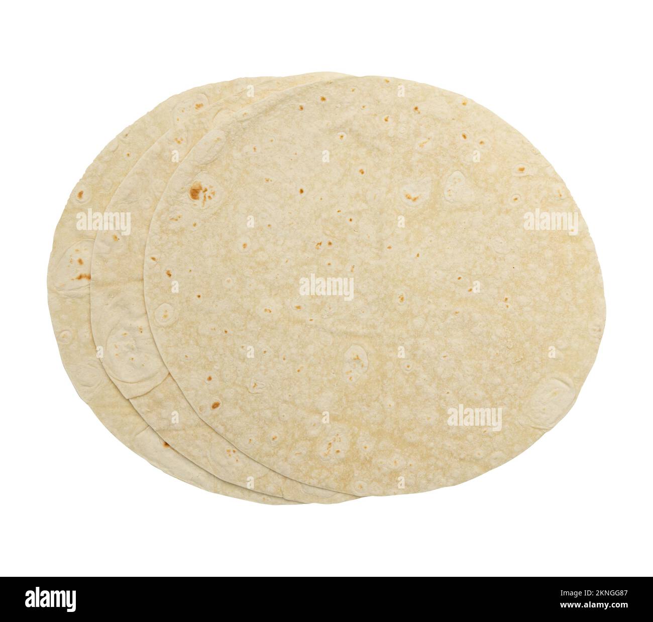 three wheat round tortillas or pita lavash round flat bread from above, isolated on white ...