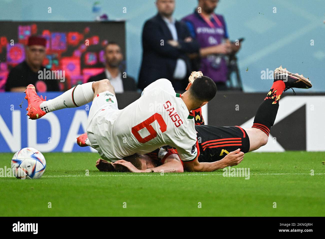 Kevin De Bruyne of Belgium and Romain Saiss of Morocco during Belgium v ...