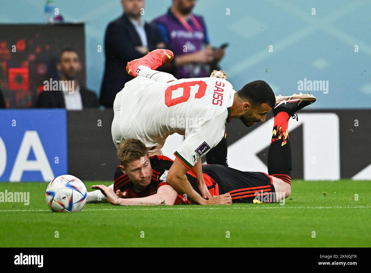 Kevin De Bruyne of Belgium and Romain Saiss of Morocco during Belgium v ...