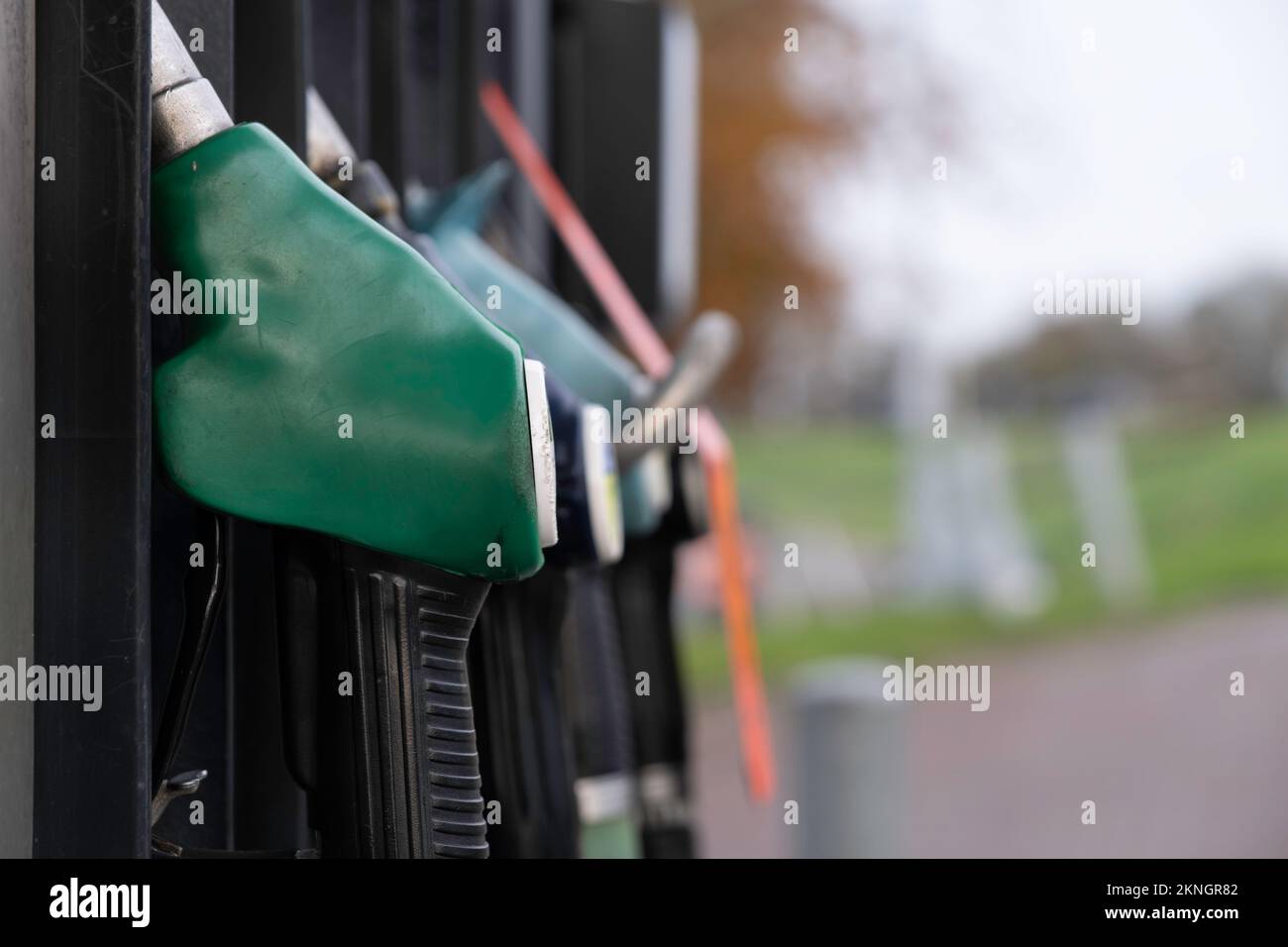 Gas station fuel pumps for different types of gasoline and diesel ...