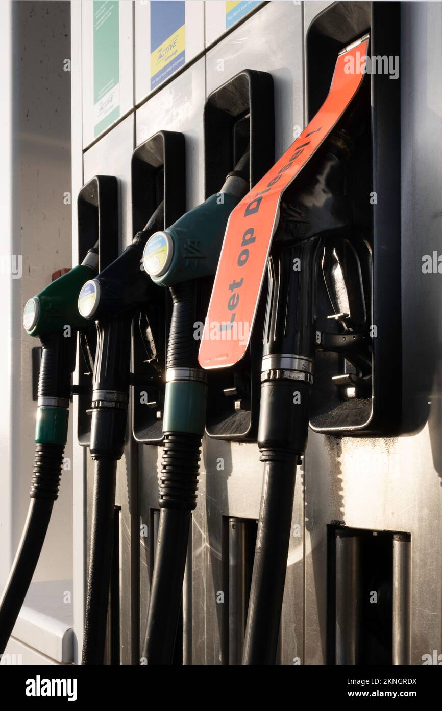 Gas station fuel pumps for different types of gasoline and diesel ...