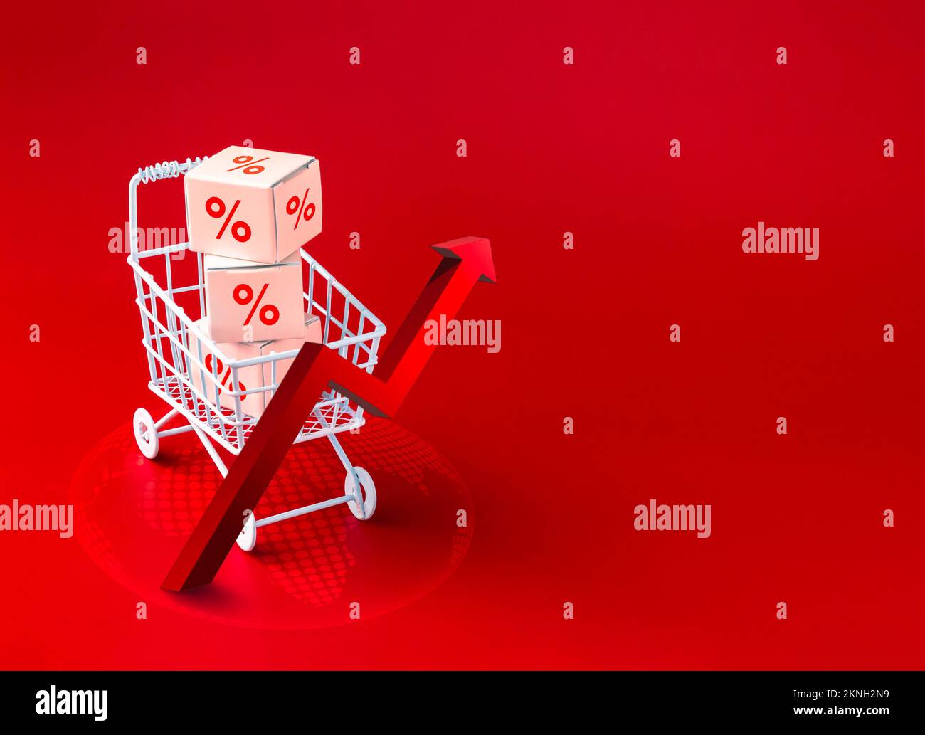 Inflation concept. 3D Red rising arrows and parcel boxes with ...