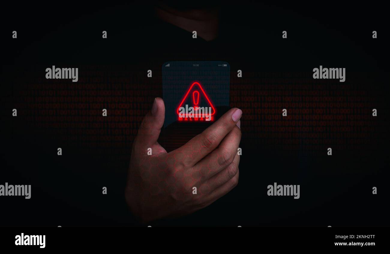 Malware concept. Red malware icon alert on futuristic transparent smart ... Malware concept. Red malware icon alert on futuristic transparent smart ...