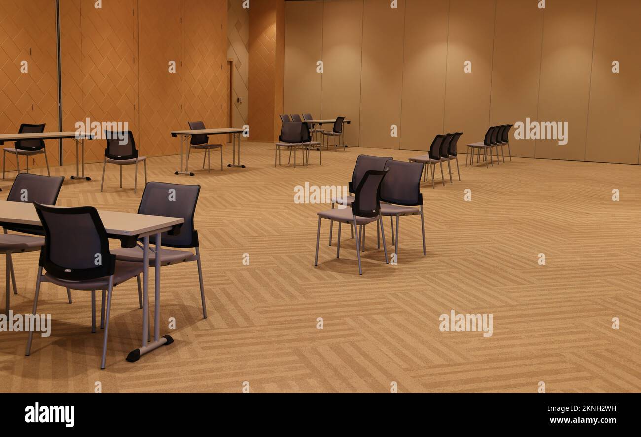 messily chairs in meeting room when the meeting finished, scattered ...