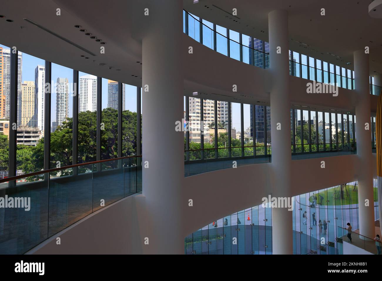 The Illuminated long and clean corridor of modern building, exhibition ...