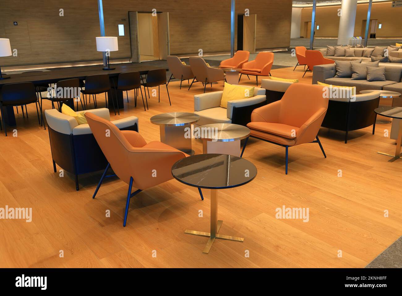 Cozy classic living zone, Lobby lounge for support customer in public ...