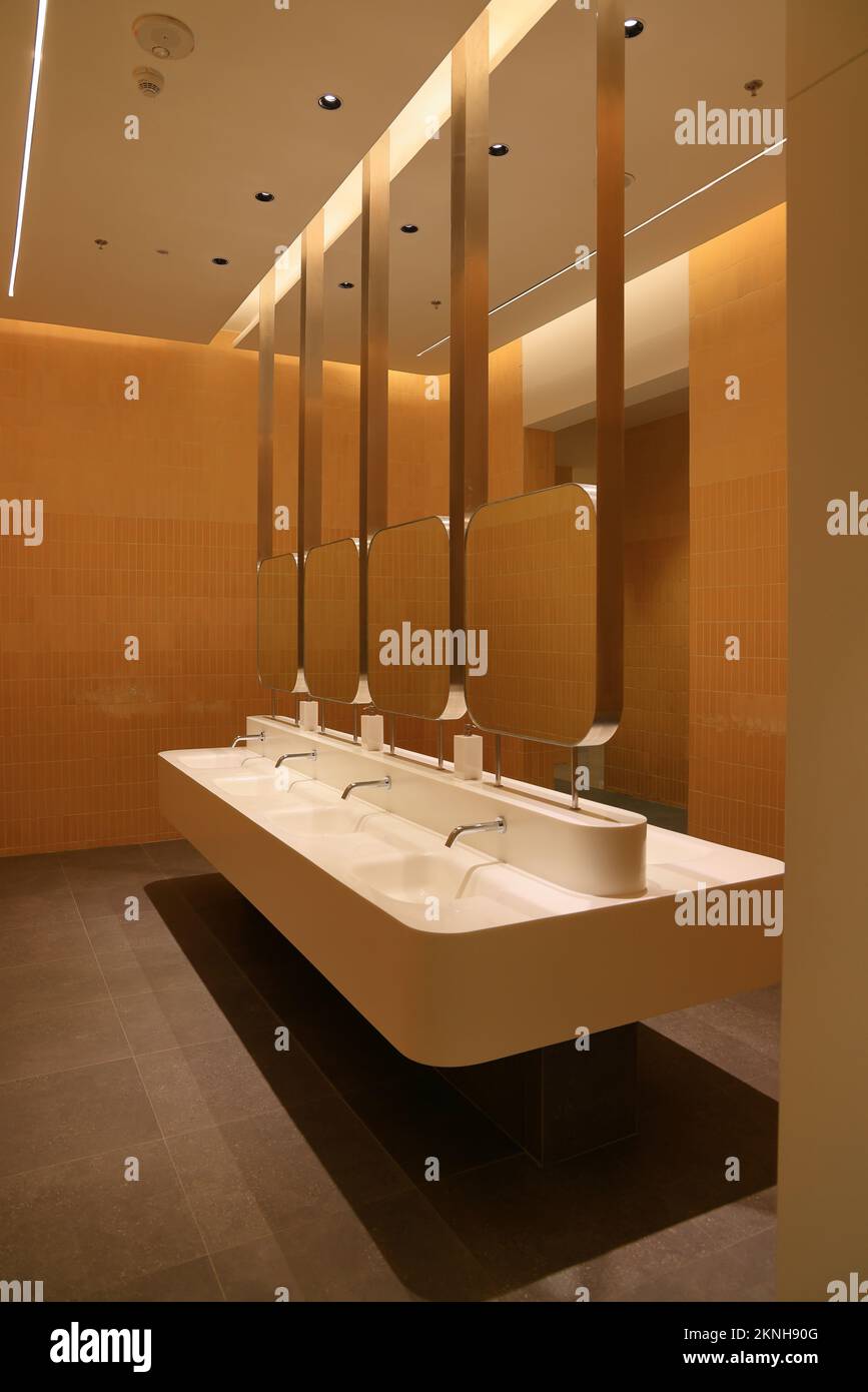 perspective of public toilet, Contemporary interior of public toilet ...