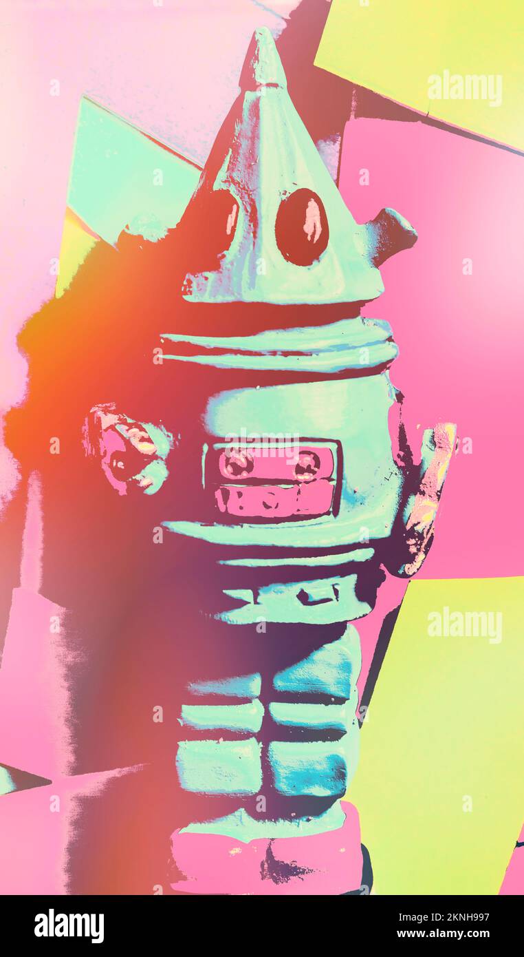 Pop art robot of flared intelligence in colourful comical design ...