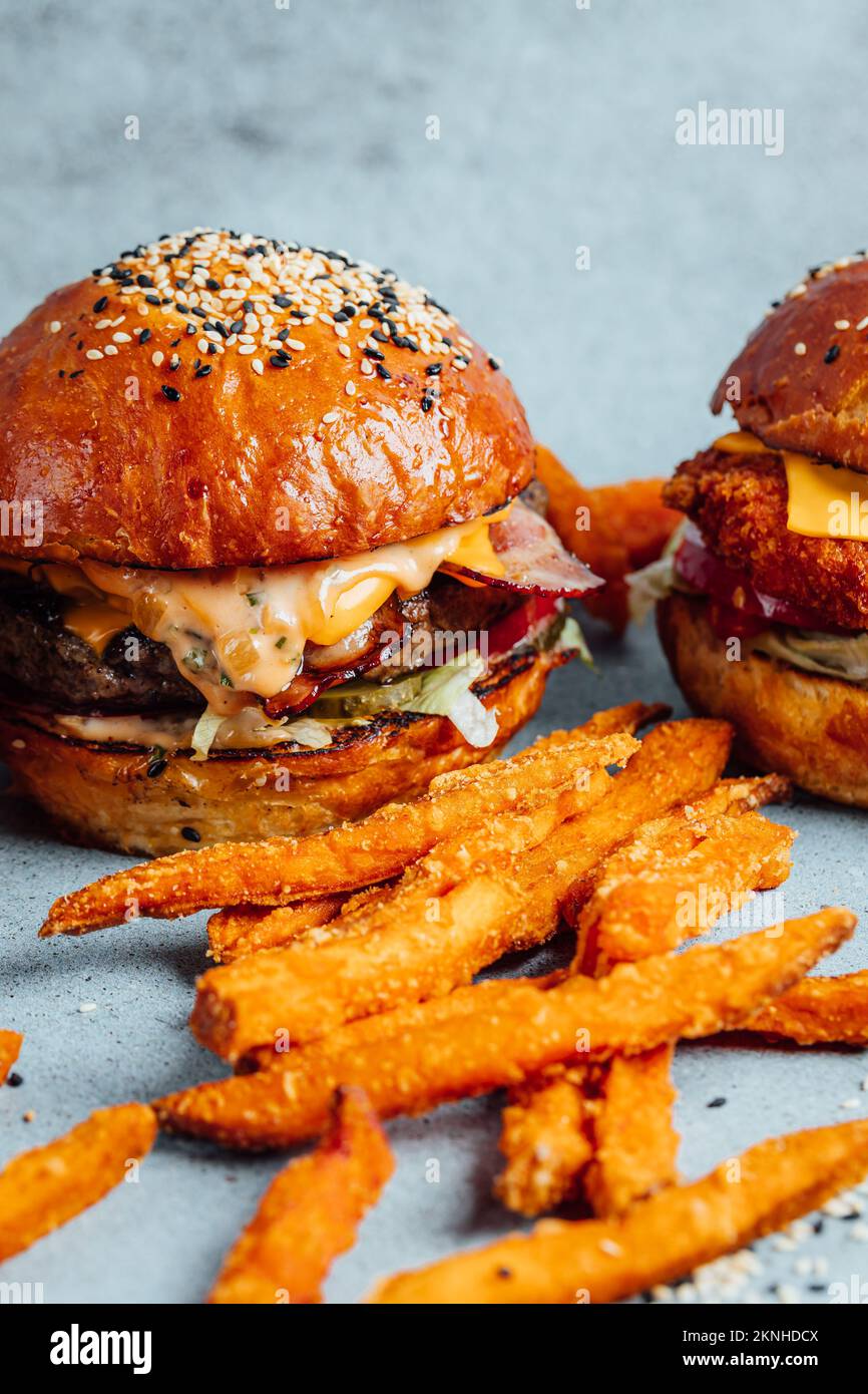 A vertical shot of the classic burgers on a bright background with ...