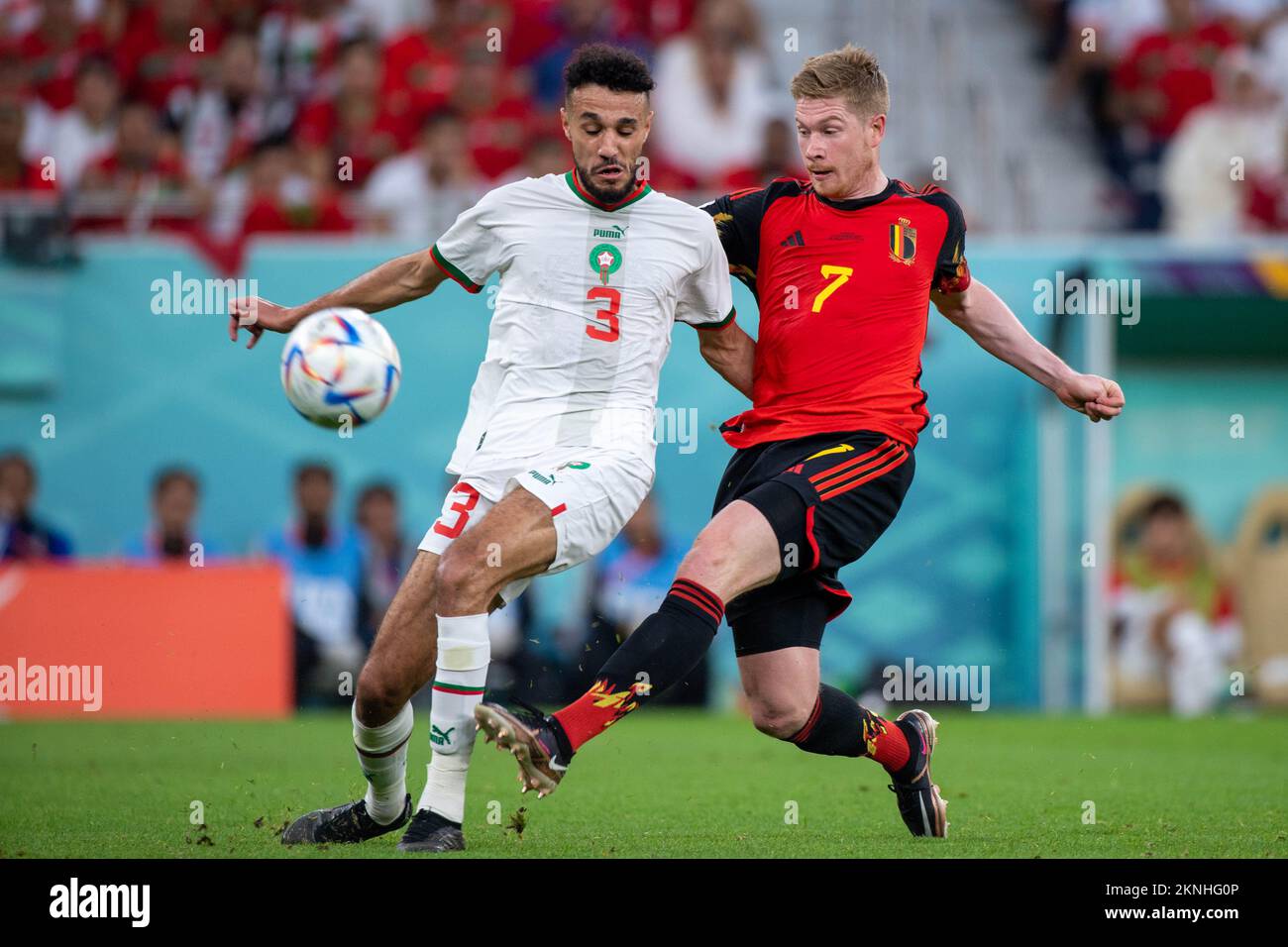 Niussair Mazraoui of Morocco and Kevin De Bruyne of Belgium during the ...