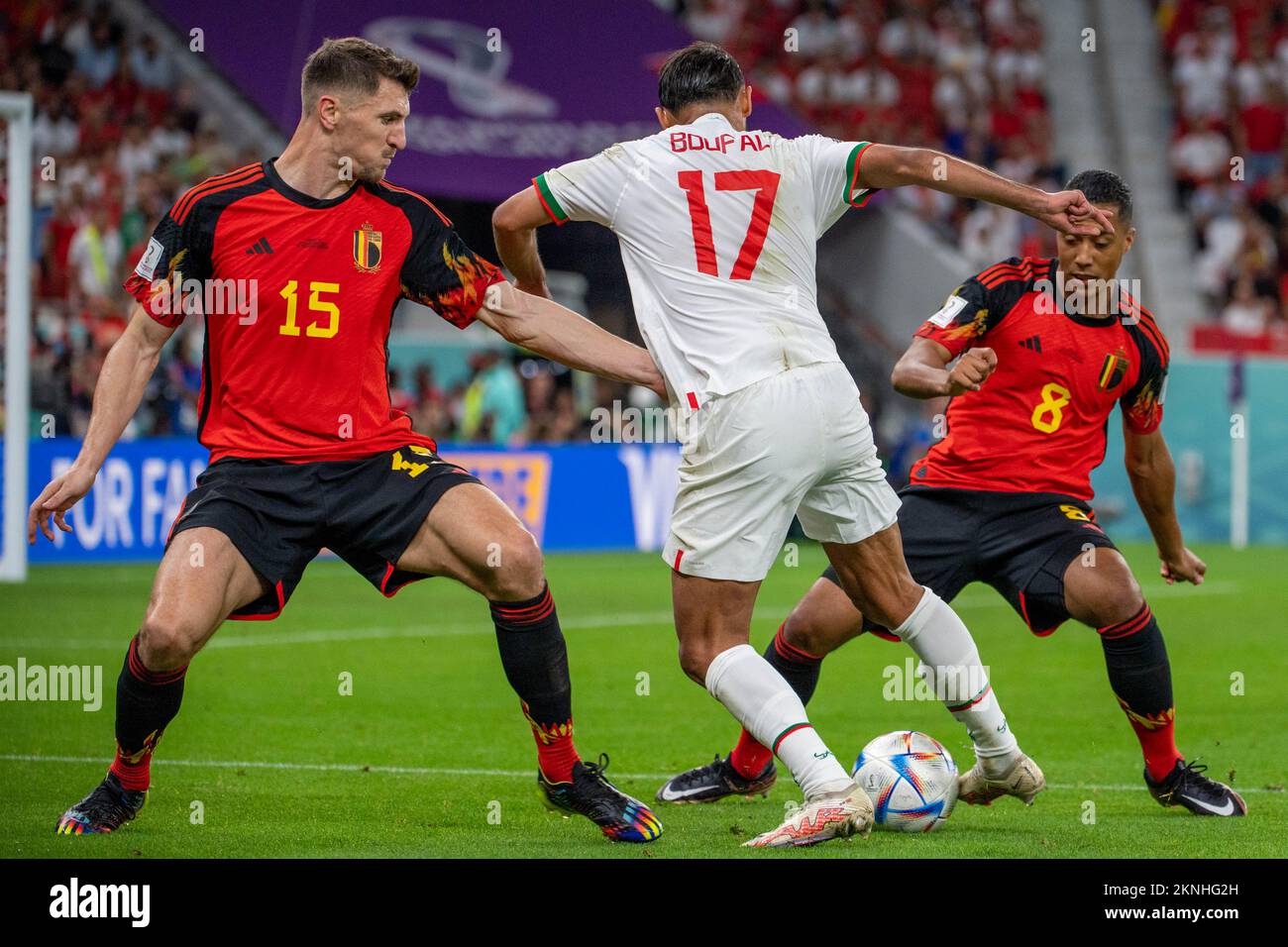 Thomas Meunier of Belgium and Sofiane Boufal of Morocco during the FIFA ...