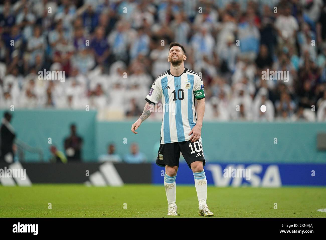 LUSAIL, QATAR - NOVEMBER 26: Player of Argentina Lionel Messi reacts ...