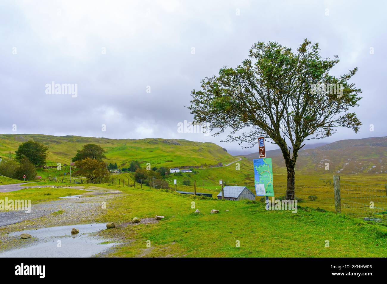 Lairg, UK - October 02, 2022: View of landscape and information signs ...