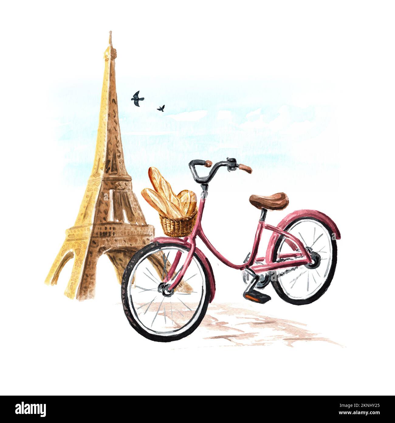 Eiffel Tower Bicycle bouquet of flowers. Hand drawn watercolor ...