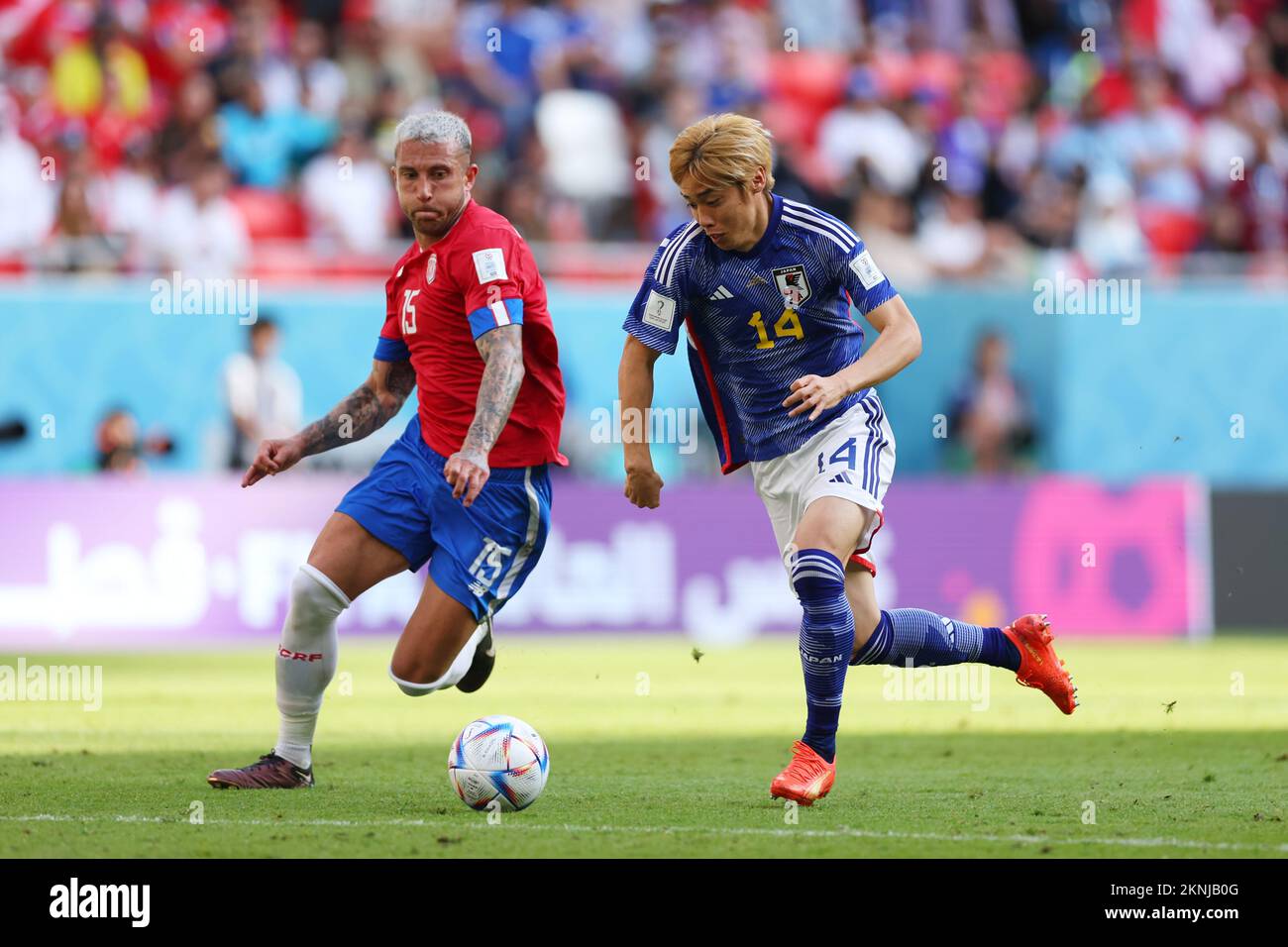 Al Rayyan, Qatar. 27th Nov, 2022. (L to R) Francisco Calvo (CRC), Junya Ito (JPN) Football ...