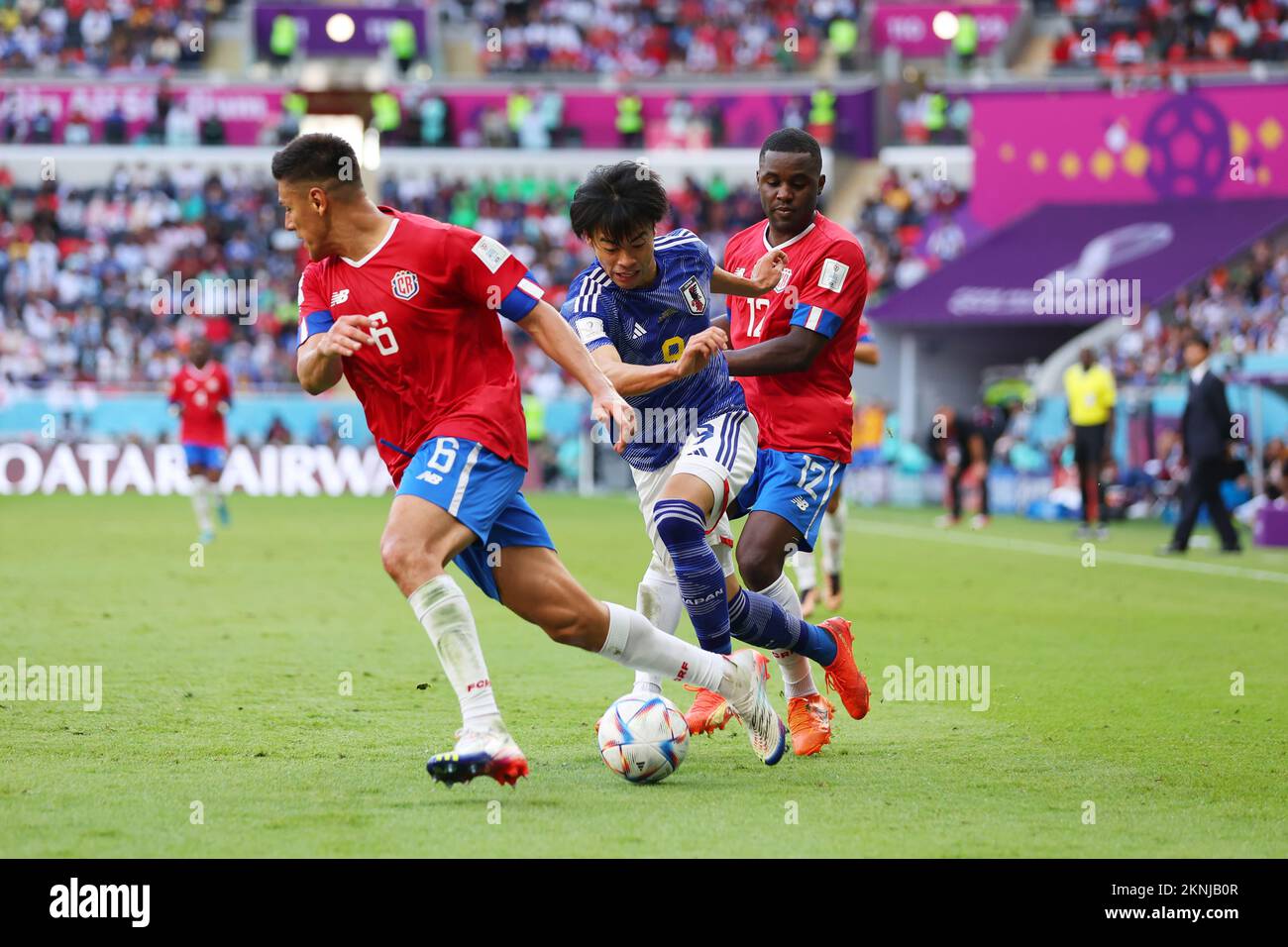 Al Rayyan, Qatar. 27th Nov, 2022. (L to R) Oscar Duarte (CRC), Kaoru Mitoma (JPN), Joel Campbell ...