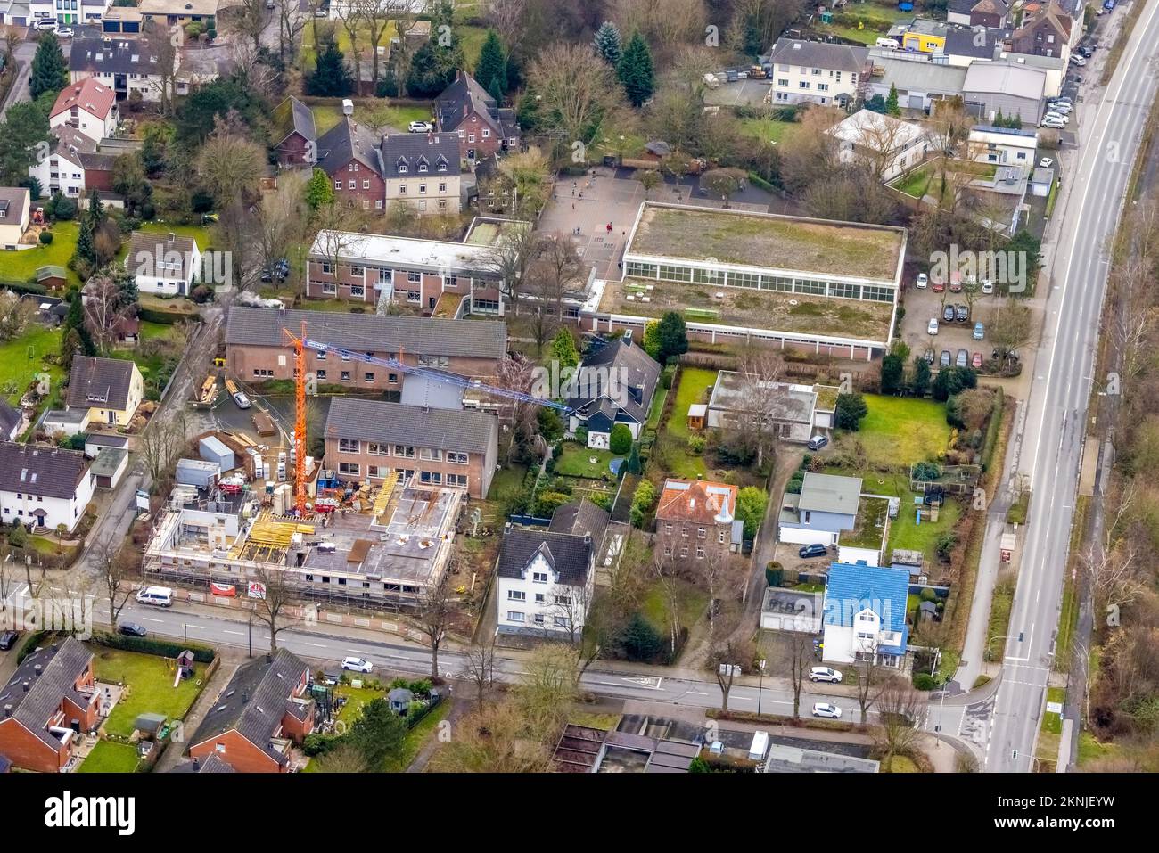 Aerial view, construction site and new OGS building at Dudenrothschule ...