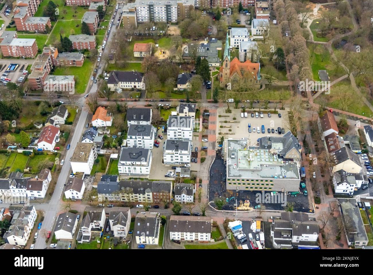 Aerial view, town hall and community center, historical town hall ...