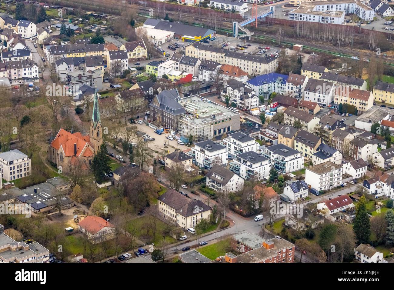 Aerial view, town hall and community center, historical town hall ...