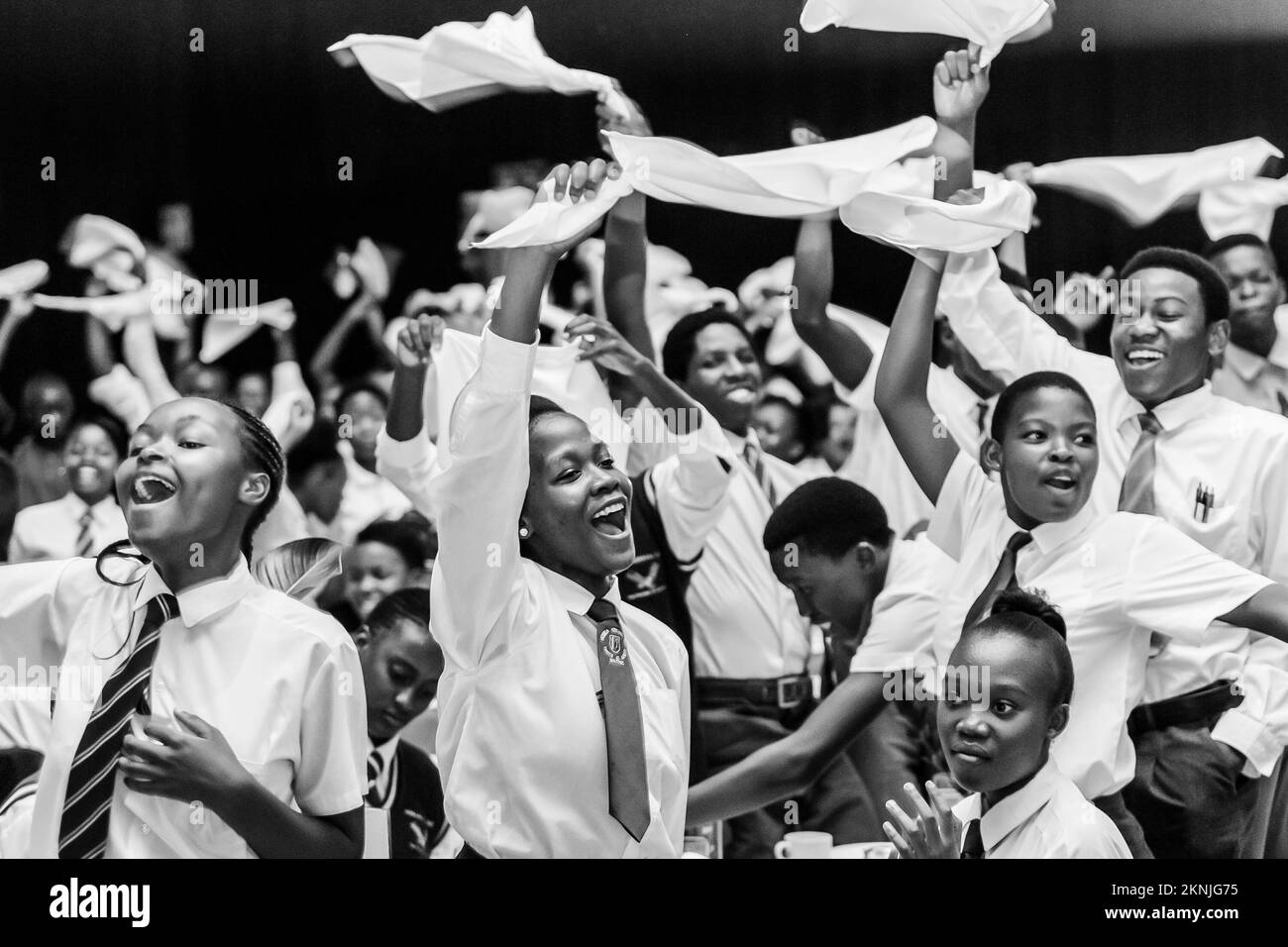 A view of young African School kids having fun at morning assembly in ...