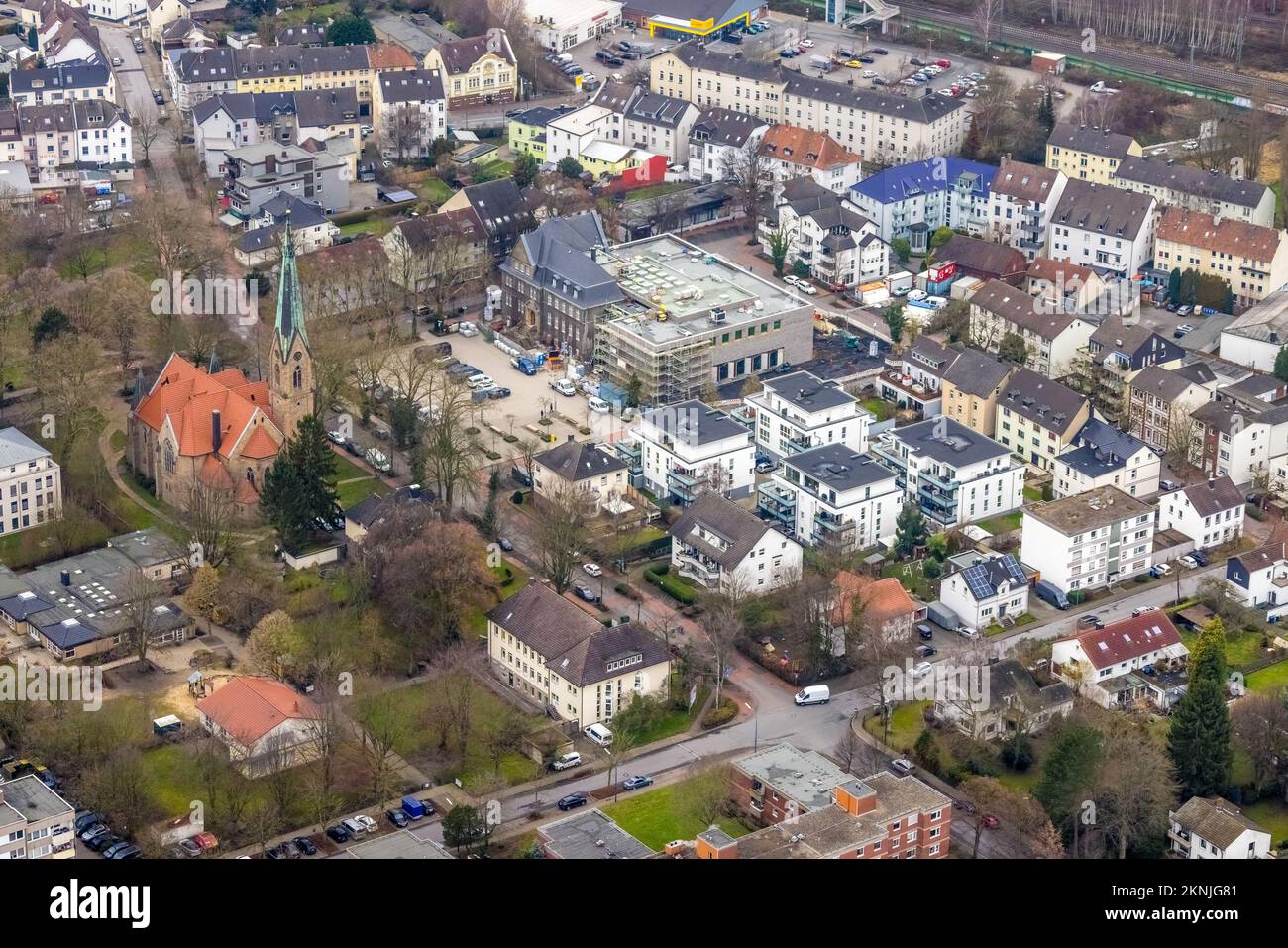 Aerial view, town hall and community center, historical town hall ...