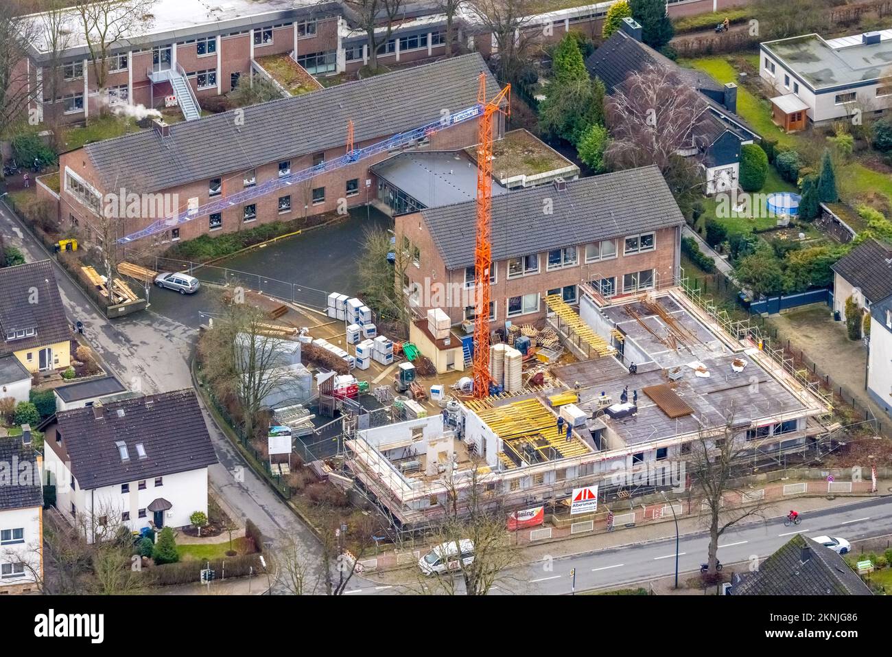 Aerial view, construction site and new OGS building at Dudenrothschule ...