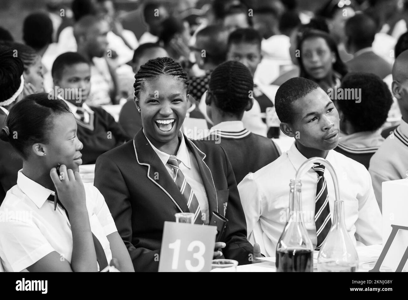 A view of young African school kids at morning assembly in Johannesburg ...