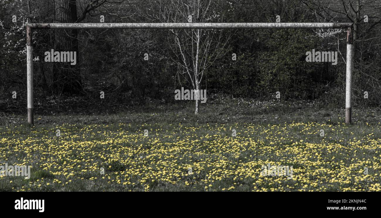apocalyptic abandoned football goal at front view Stock Photo - Alamy