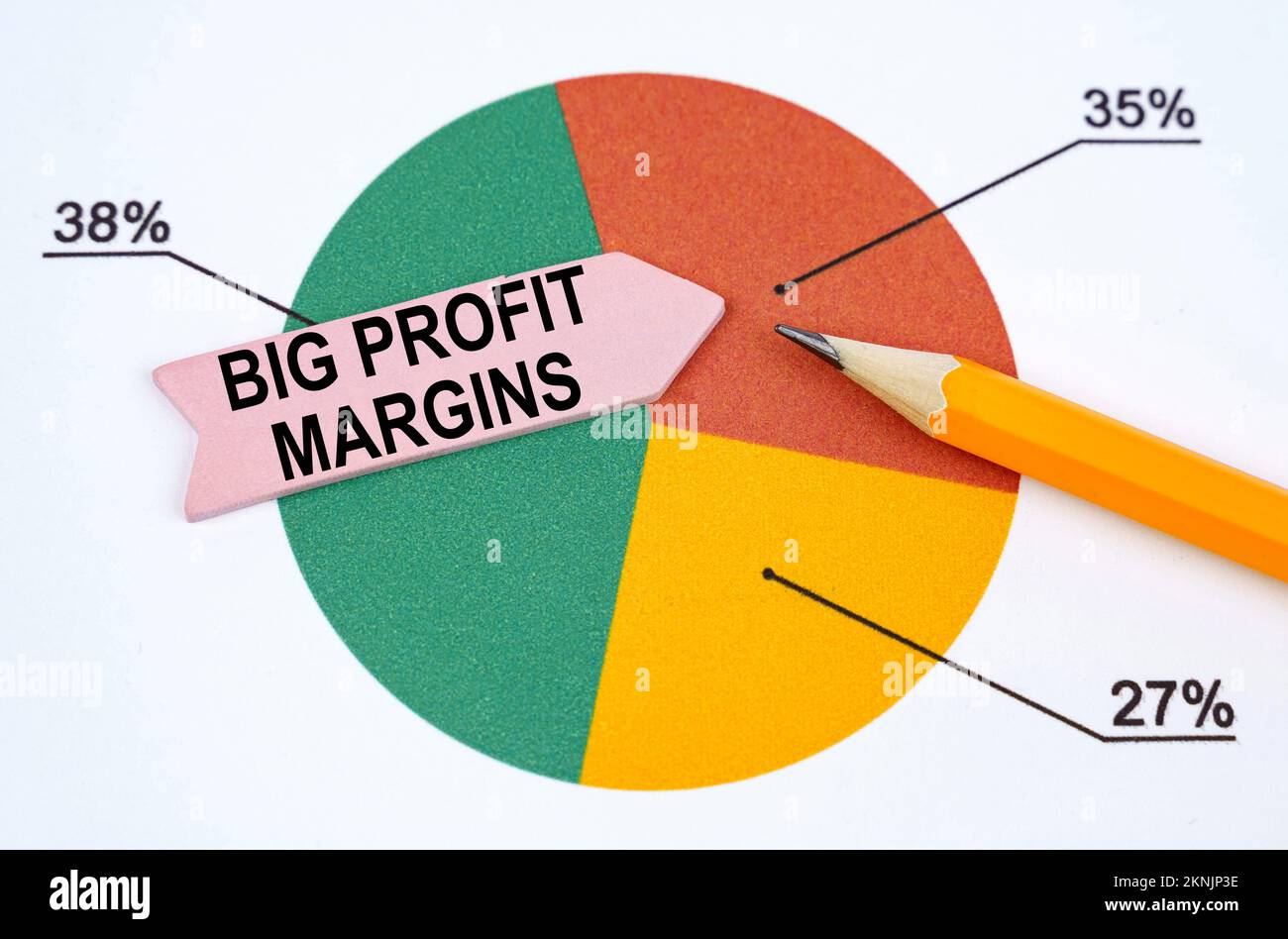Business concept. On the pie chart there is a pencil and an arrow sticker with the inscription ...